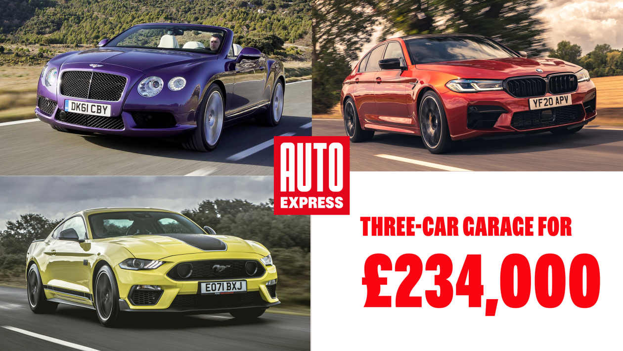 Three-car garage: Bentley Continental GTC, BMW M5 and Ford Mustang for ...